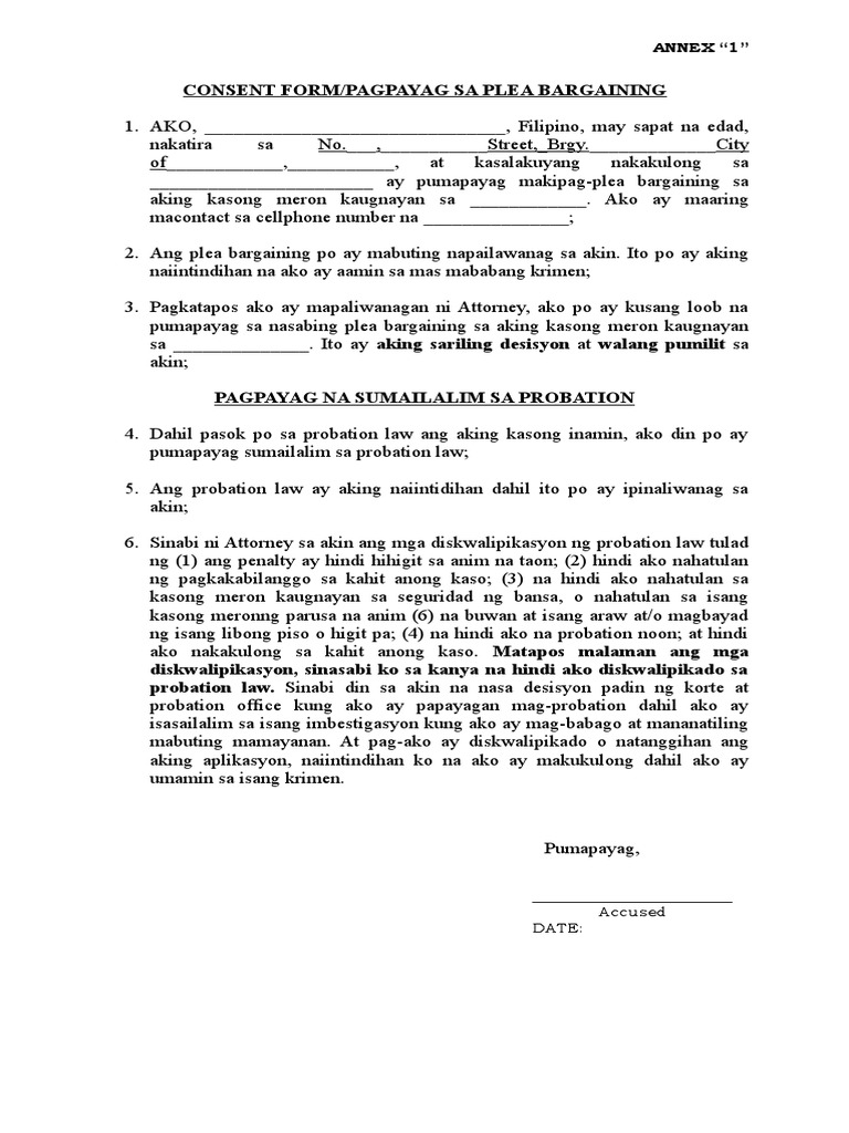 Consent Form in Plea Bargaining and Probation For Drug Cases | PDF