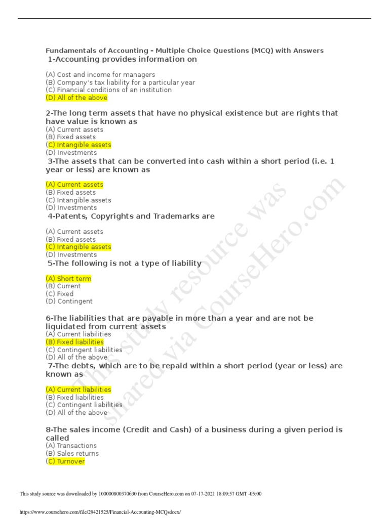 This Study Resource Was: Fundamentals of Accounting - Multiple Choice ...