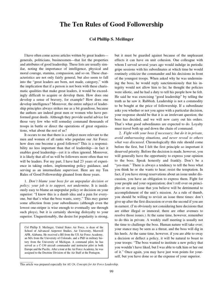 Ten Ten Rules of Good Followership | PDF