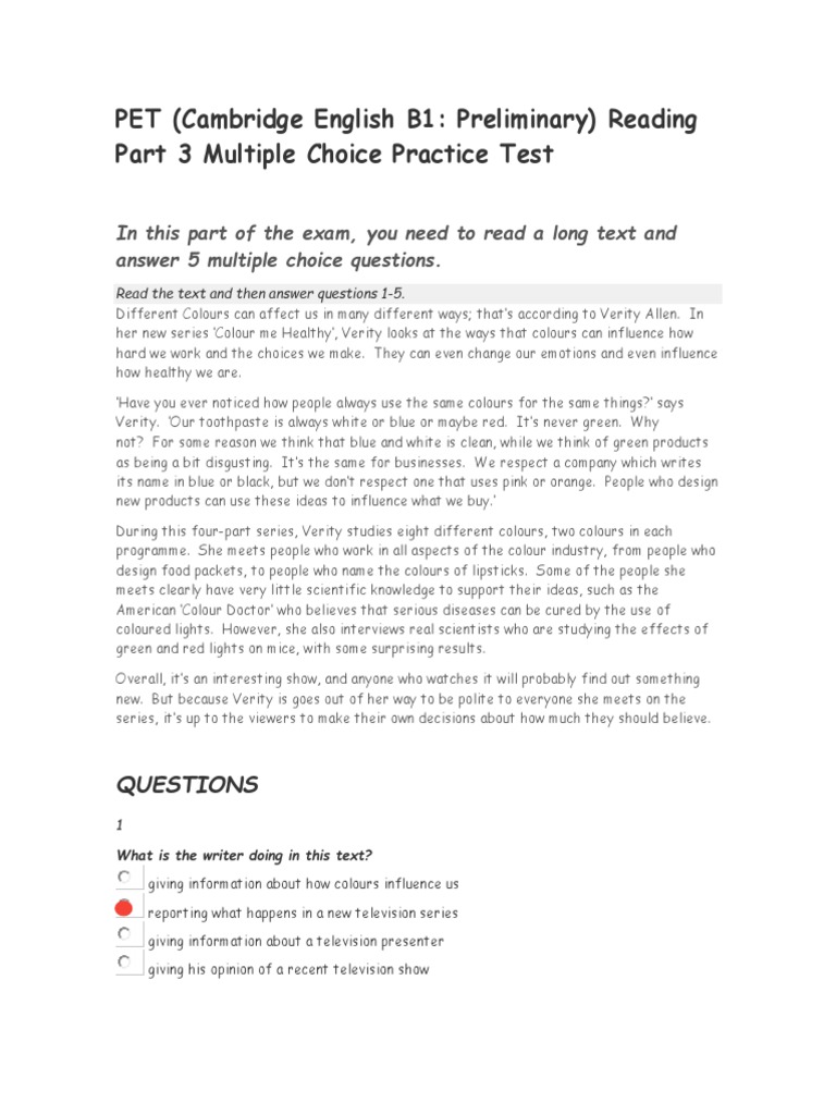 PET (Cambridge English B1: Preliminary) Reading Part 3 Multiple Choice ...