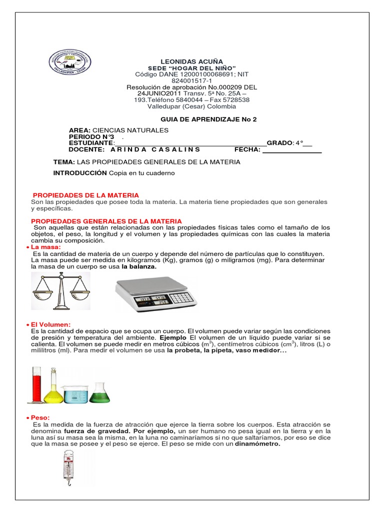 Guia 2 Tercer Periodo Propiedades de La Materia. | PDF | Volumen | Masa