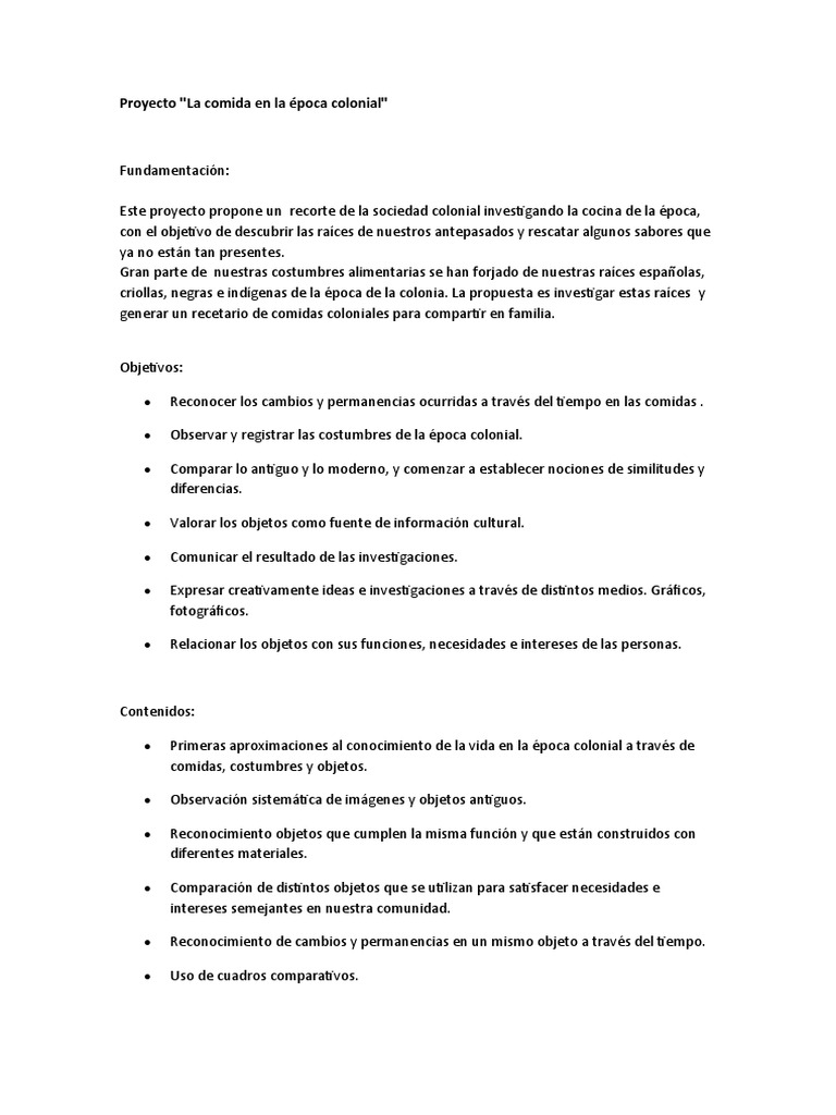 Proyecto La Comida en La Epoca Colonial | PDF | Receta | Artes culinarias
