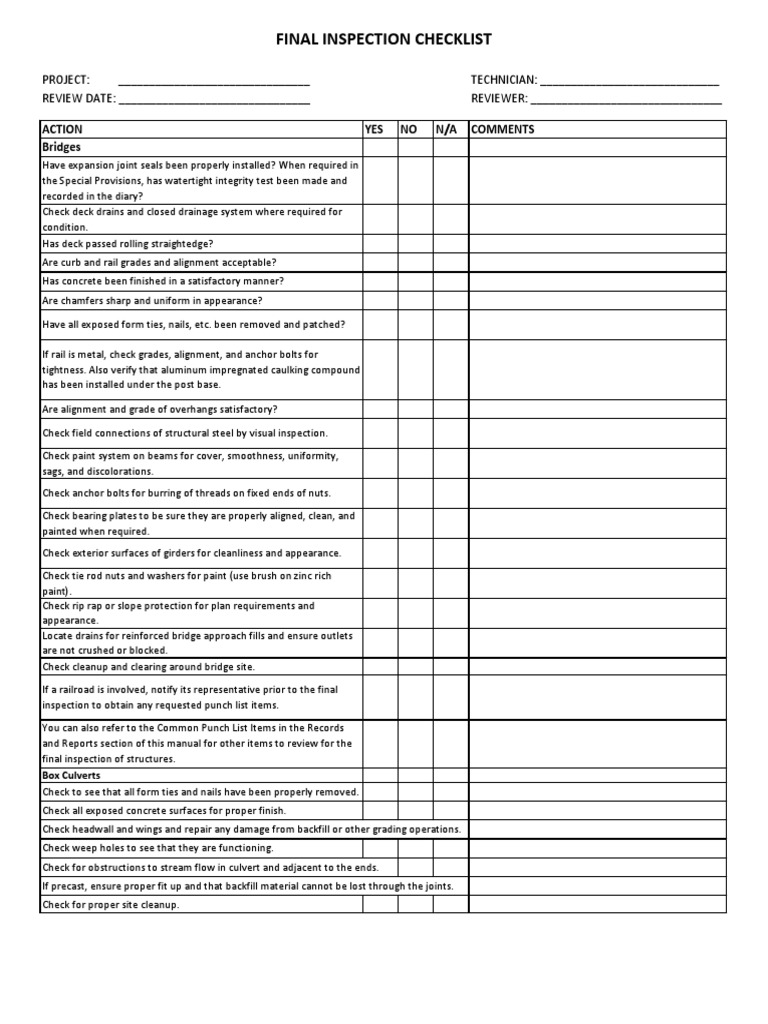 Final Inspection Checklist: Action YES NO N/A Comments Bridges | PDF ...