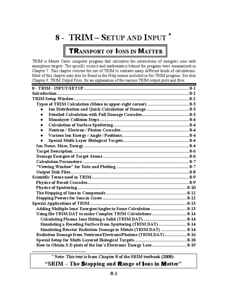 TRIM Setup and Input Guide | PDF | Sputtering | Ionization