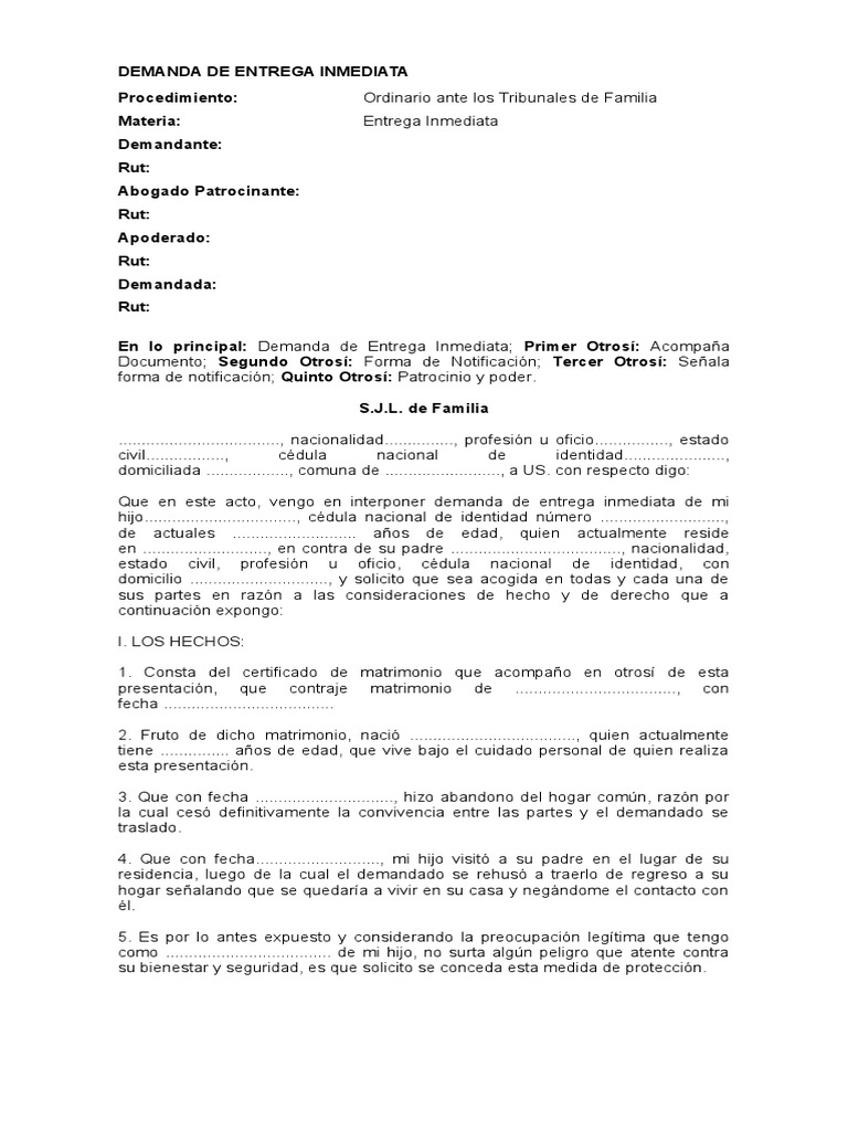 Demanda de Entrega Inmediata | PDF | Demanda judicial | Mandato