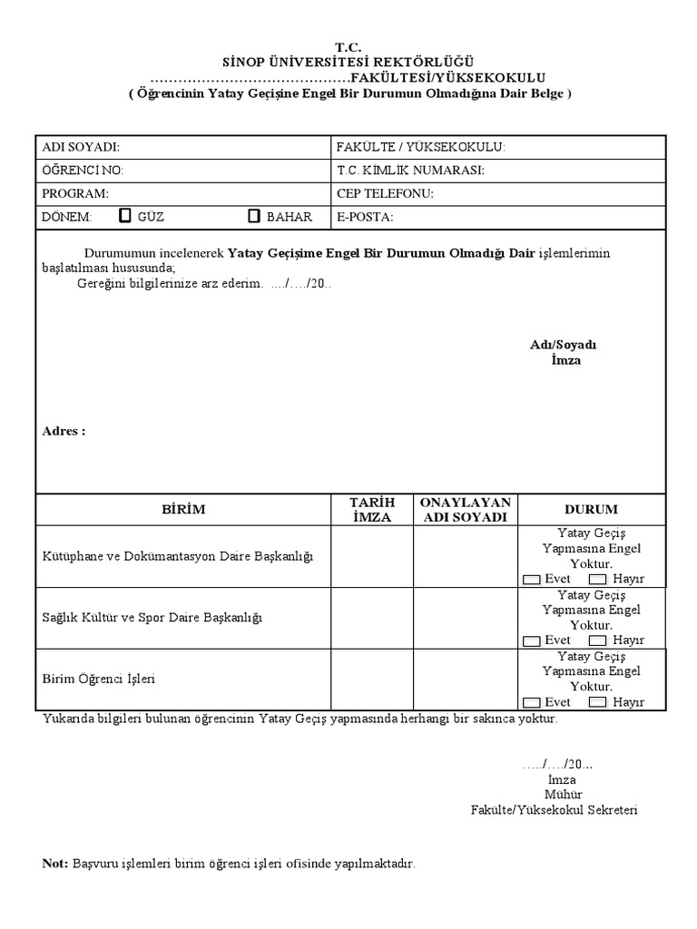 25 Form.25 Öğrencinin Yatay Geçişine Engel Bir Durum Olmadığına Dair ...