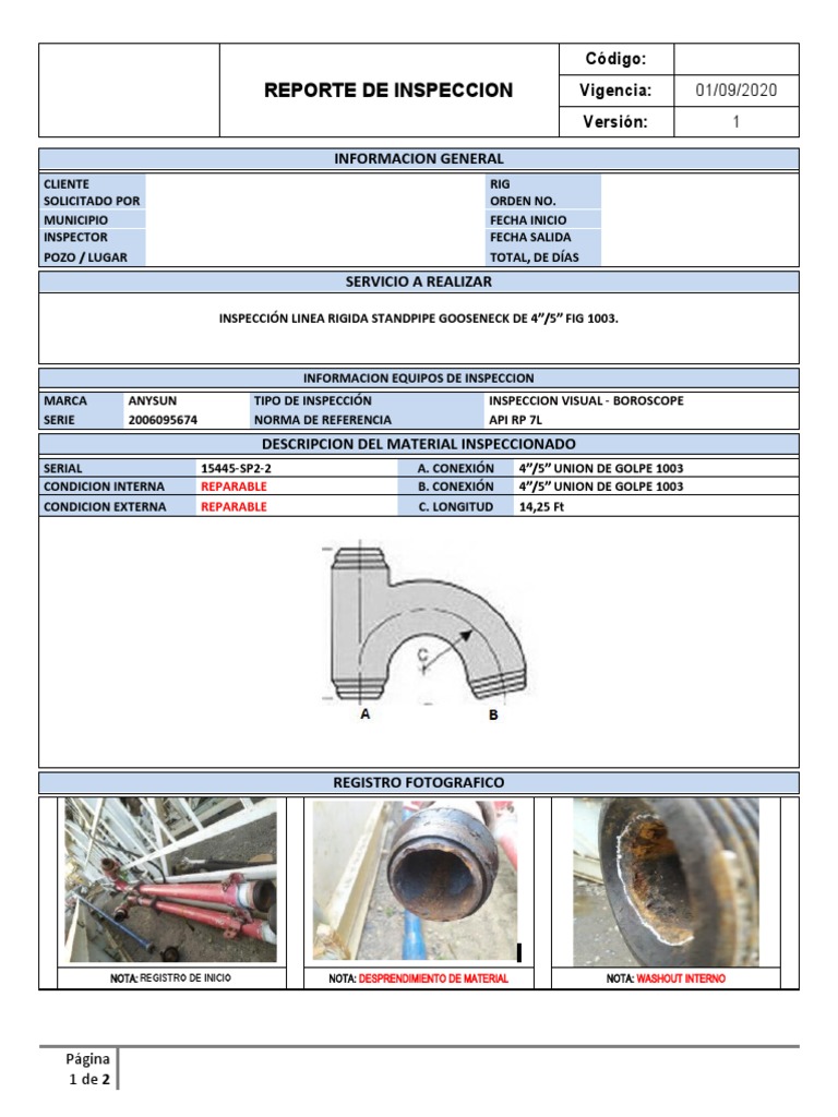 Informe de inspección de línea rígida Standpipe Gooseneck de 4"/5 ...