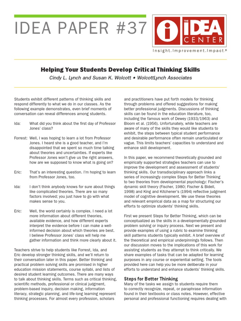 Idea Paper #37: Helping Your Students Develop Critical Thinking Skills ...