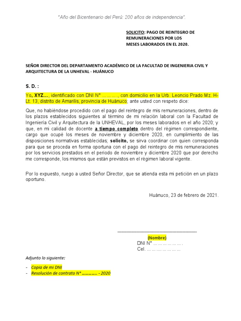 Solicitud de Reintegro de Remuneraciones | PDF