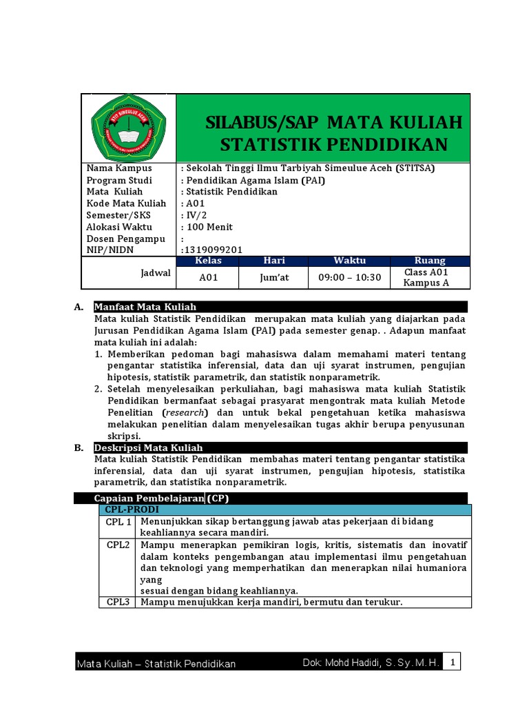 Silabus Mata Kuliah Statistik Pendidikan | PDF