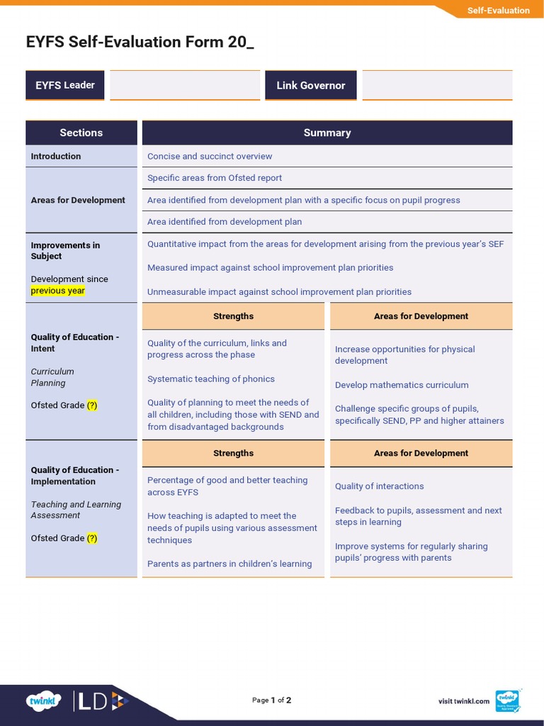 EYFS Self-Evaluation Form 20 | Download Free PDF | Curriculum | Risk