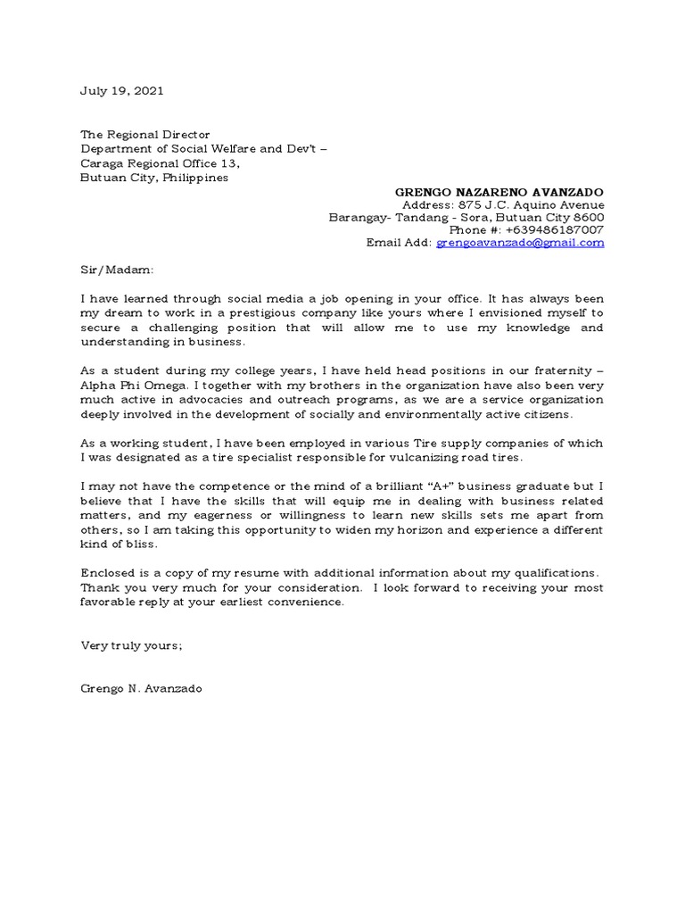 Application Letter For Employment - Grengo 2021 - DSWD 13 | PDF