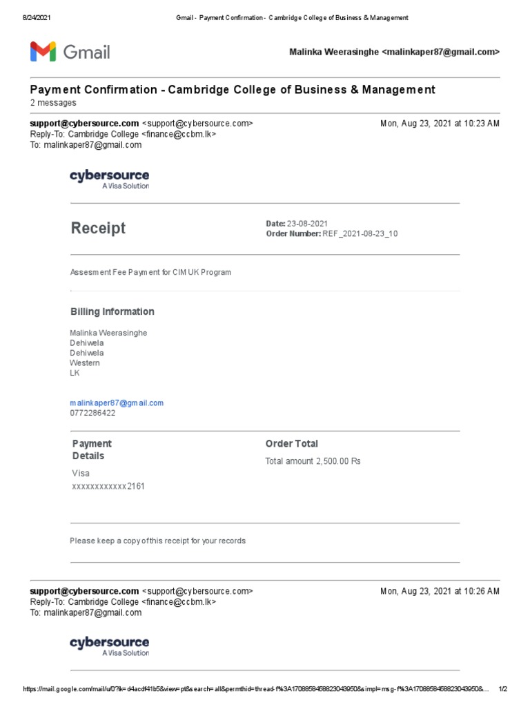 Gmail - Payment Confirmation - Cambridge College of Business ...
