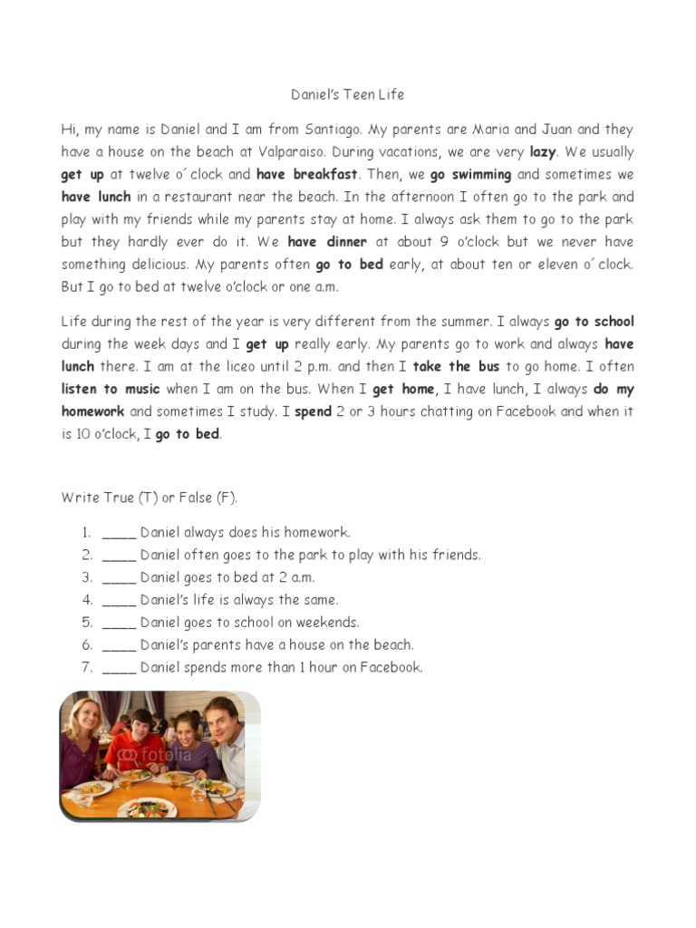 Daniels Teen Life Reading Comprehension Exercises - 32575 | PDF