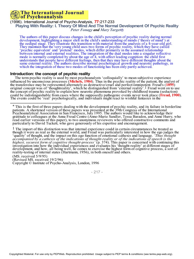 Fonagy (1996) | Download Free PDF | Psychoanalysis | Thought