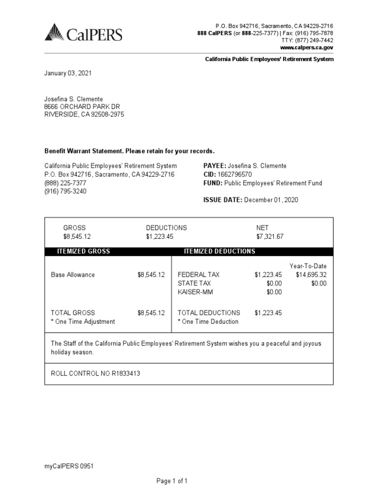 CalPERS Benefit Warrant Statement | PDF