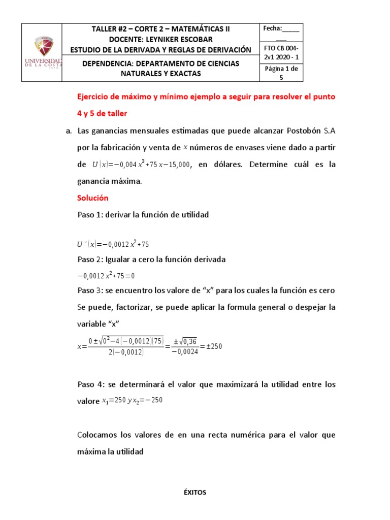 Taller #2 - Regla de La Cadena, Derivada Implicita y Aplicacion de La Derivada | PDF | Derivado ...