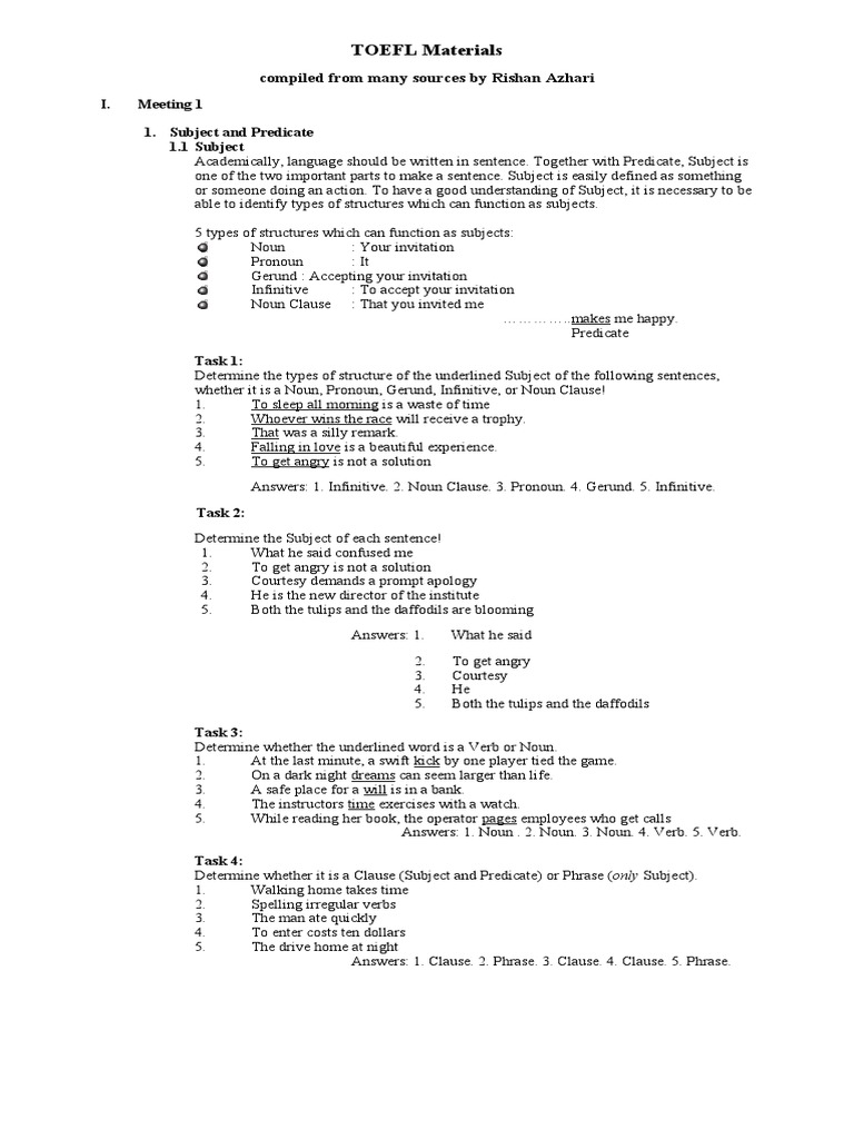 TOEFL Materials File | PDF | Subject (Grammar) | Verb