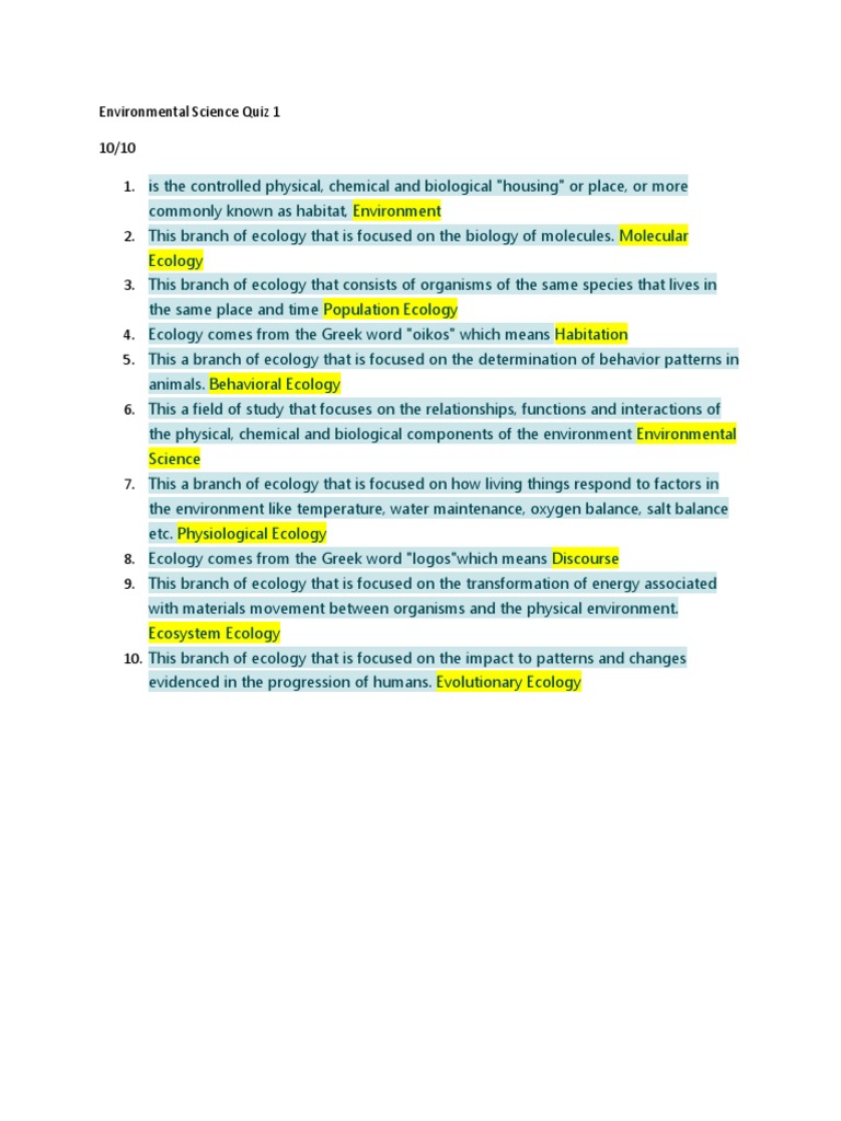 Environmental Science Quiz 1 Answers | PDF