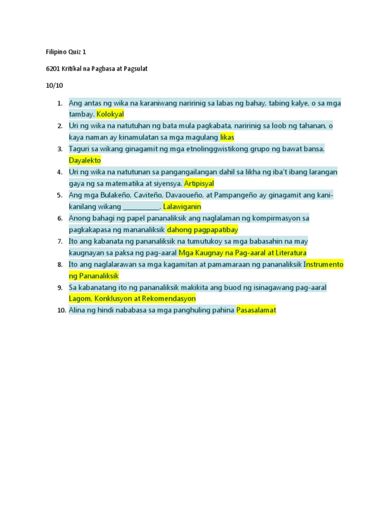 Filipino Quiz 1 | PDF
