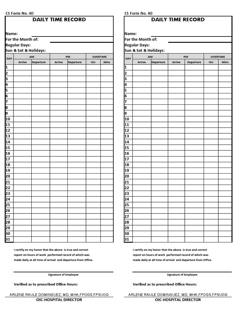 Daily Time Record Daily Time Record: CS Form No. 40 CS Form No. 40 ...
