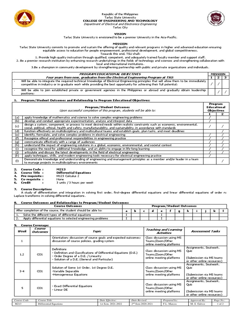 Course Code Course Title Date Effective: Date Revised: Prepared By ...