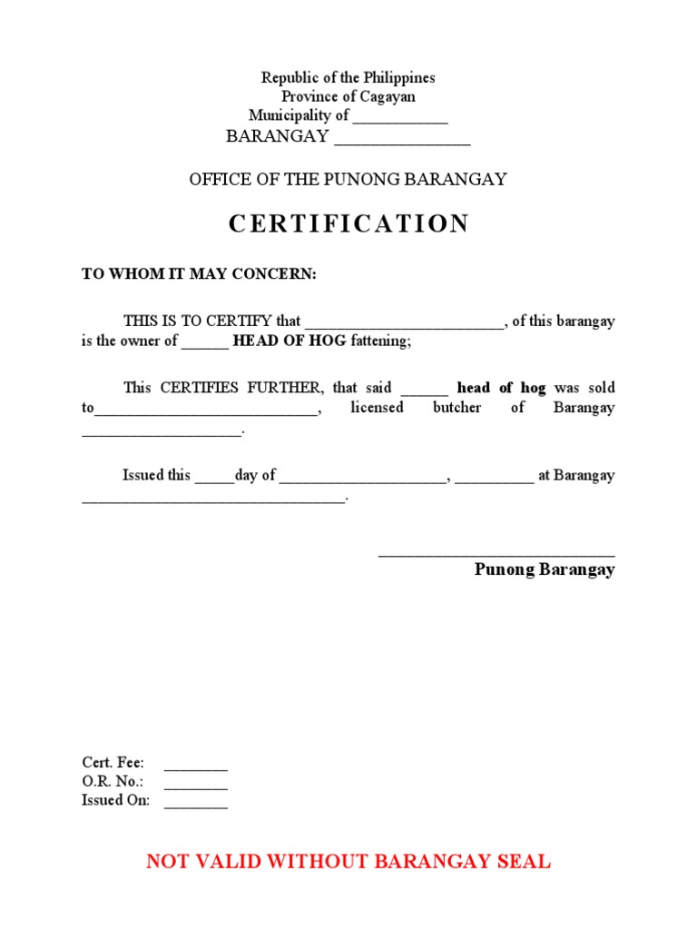 Barangay Certification of Hog | PDF