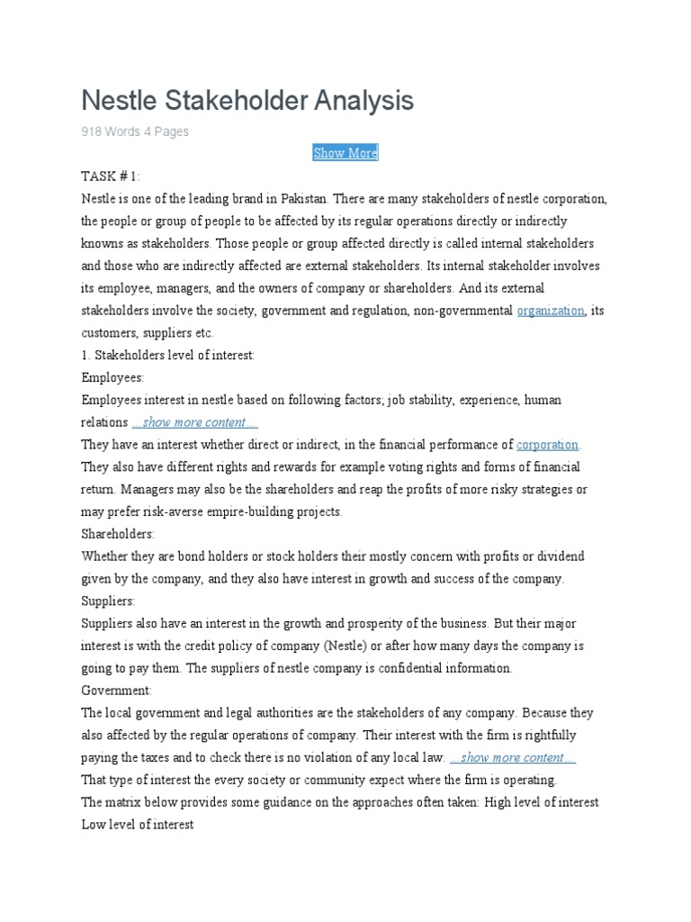 Nestle Stakeholder Analysis | PDF
