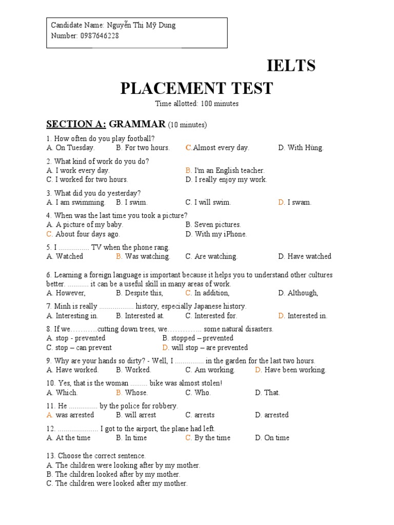 Ielts Placement Test: Section A: Grammar | PDF