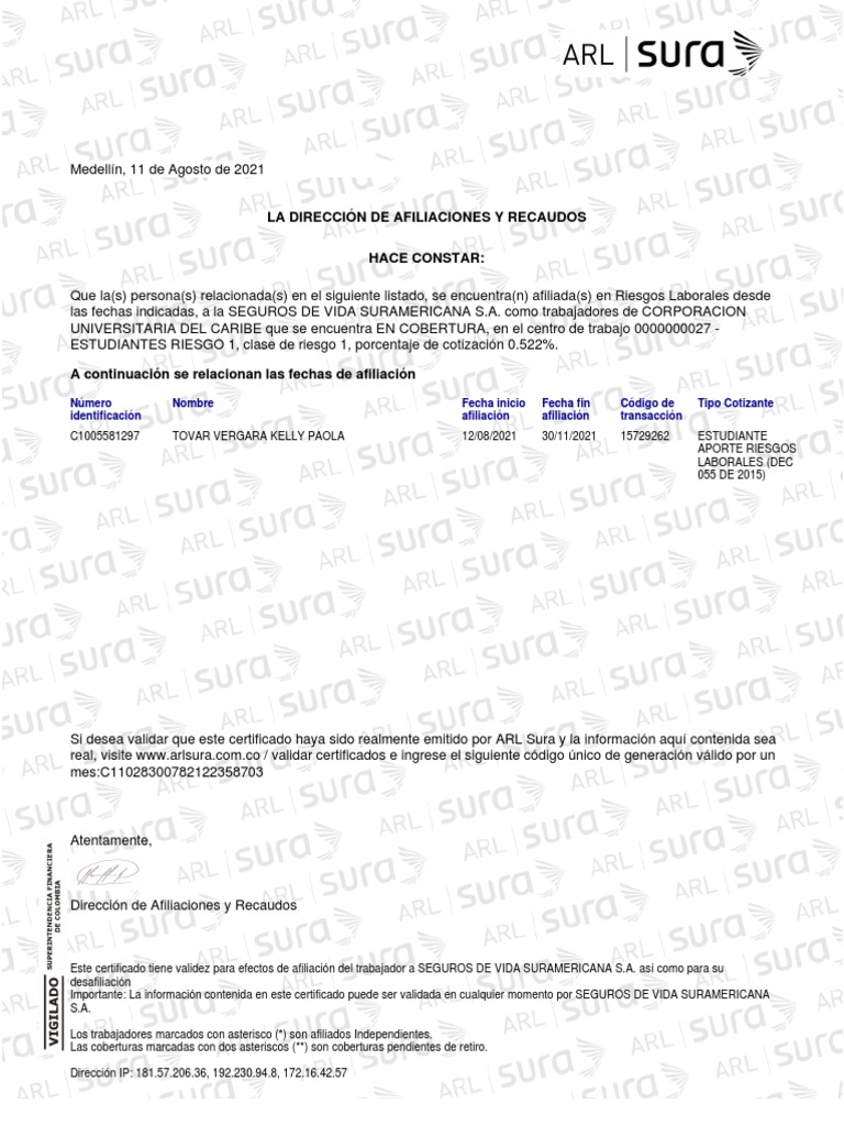 Paquete 1. Certificados Arl | PDF | Seguro de vida | Derecho empresarial