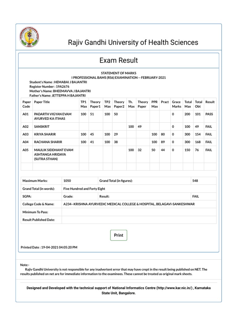 Rajiv Gandhi University of Health Sciences Exam Result | PDF