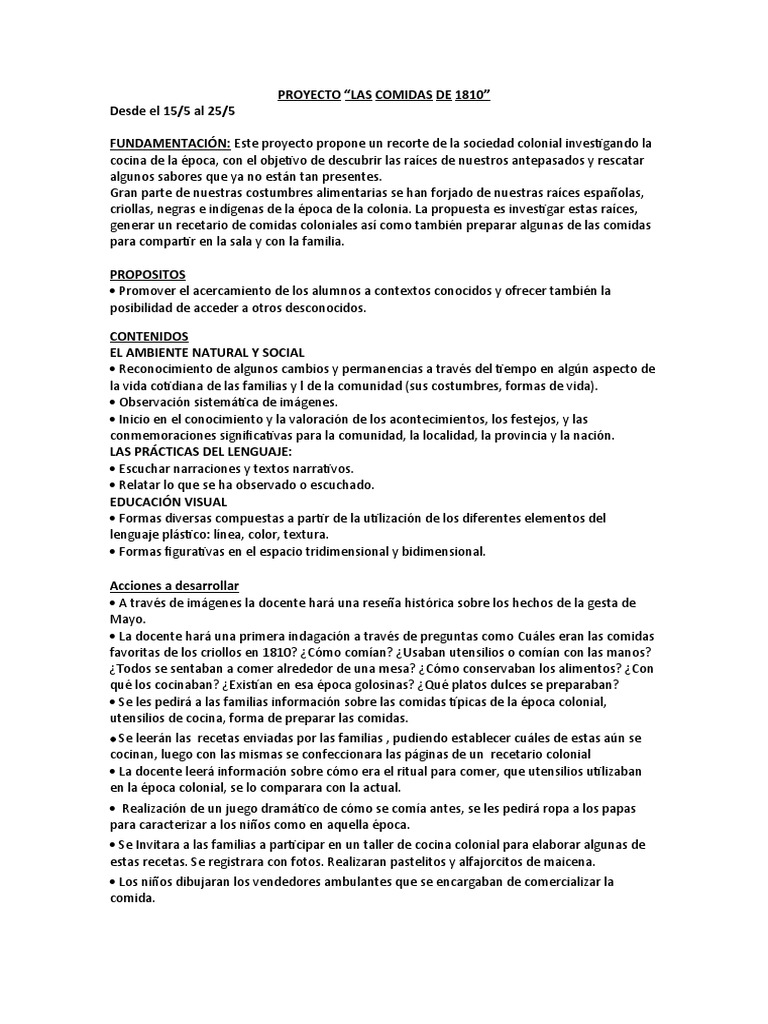 PROYECTO La Comida de 1810 | PDF