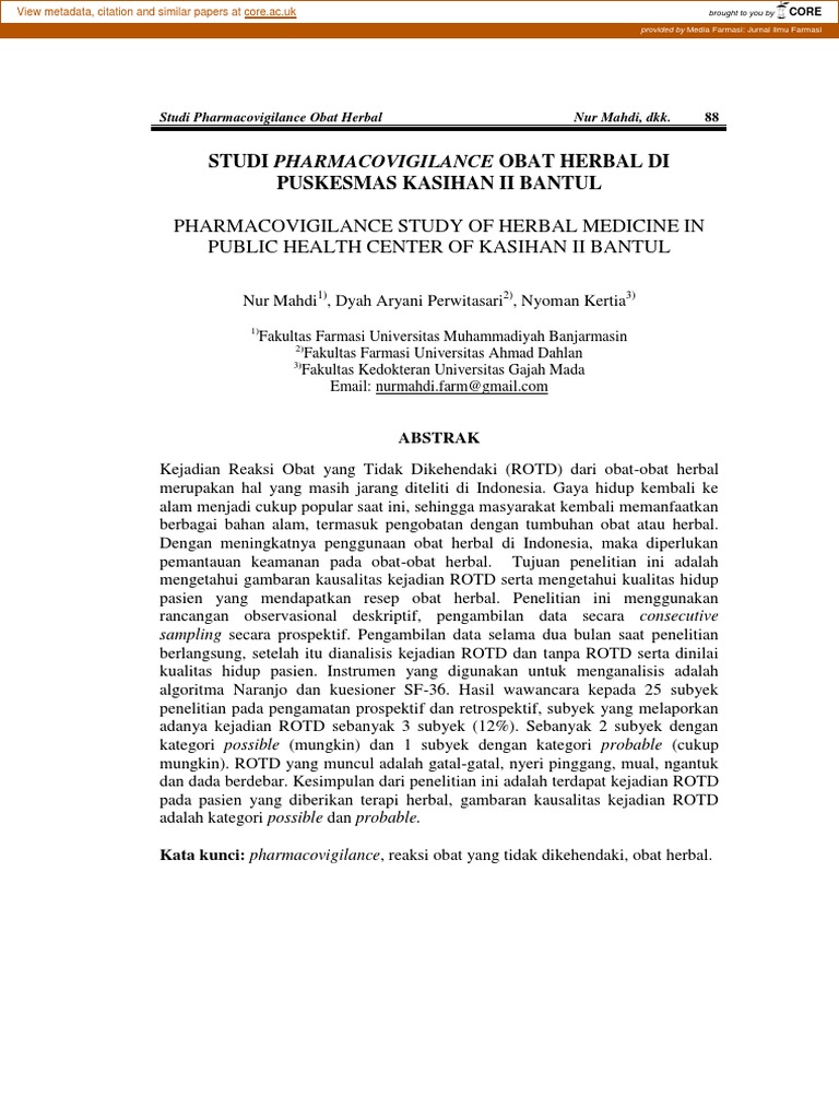 Pharmacovigilance Study of Herbal Medicine in Public Health Center of Kasihan Ii Bantul | PDF ...