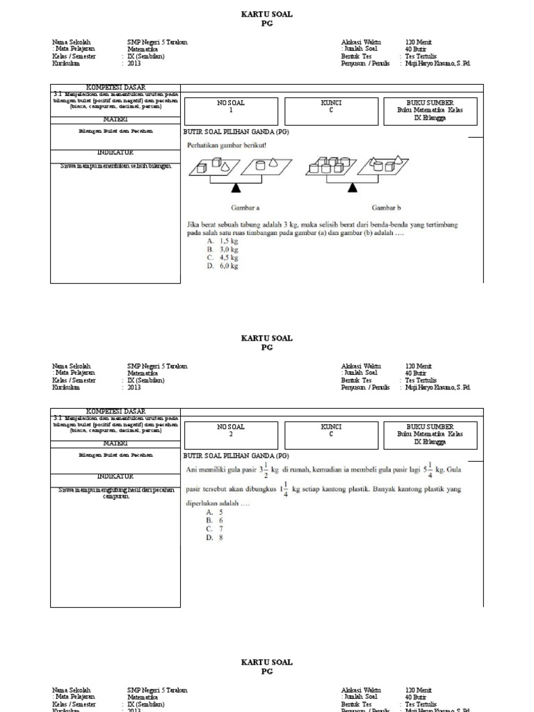 Kartu Soal Ujian MTK Kls Ix | PDF