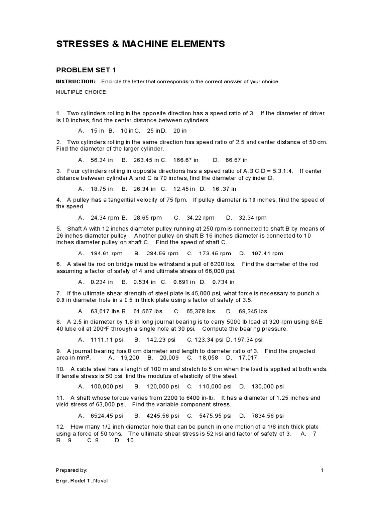 Stresses & Machine Elements: Problem Set 1 | PDF | Screw | Strength Of ...