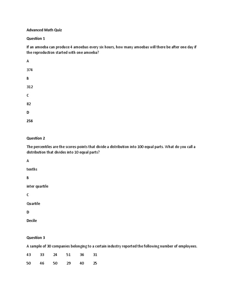 Advanced Math Quiz Questions | PDF | Mode (Statistics) | Arithmetic