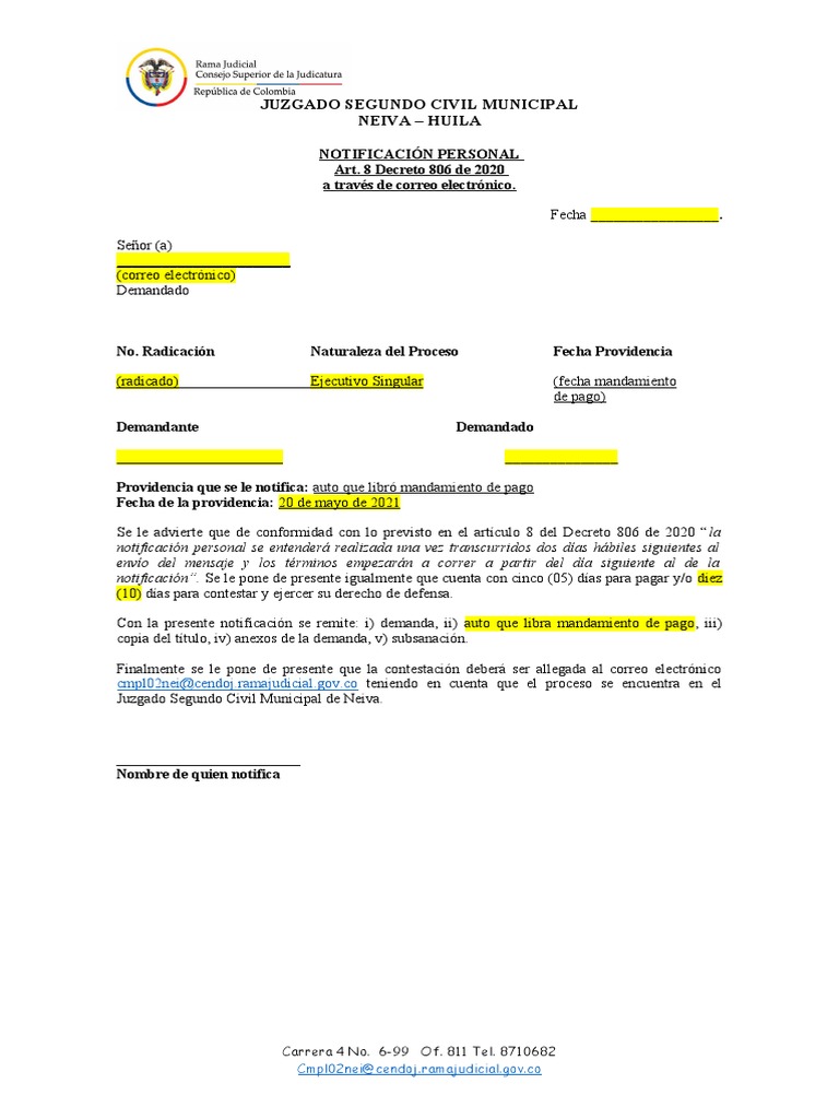 Notificación Personal - Correo Electrónico | PDF