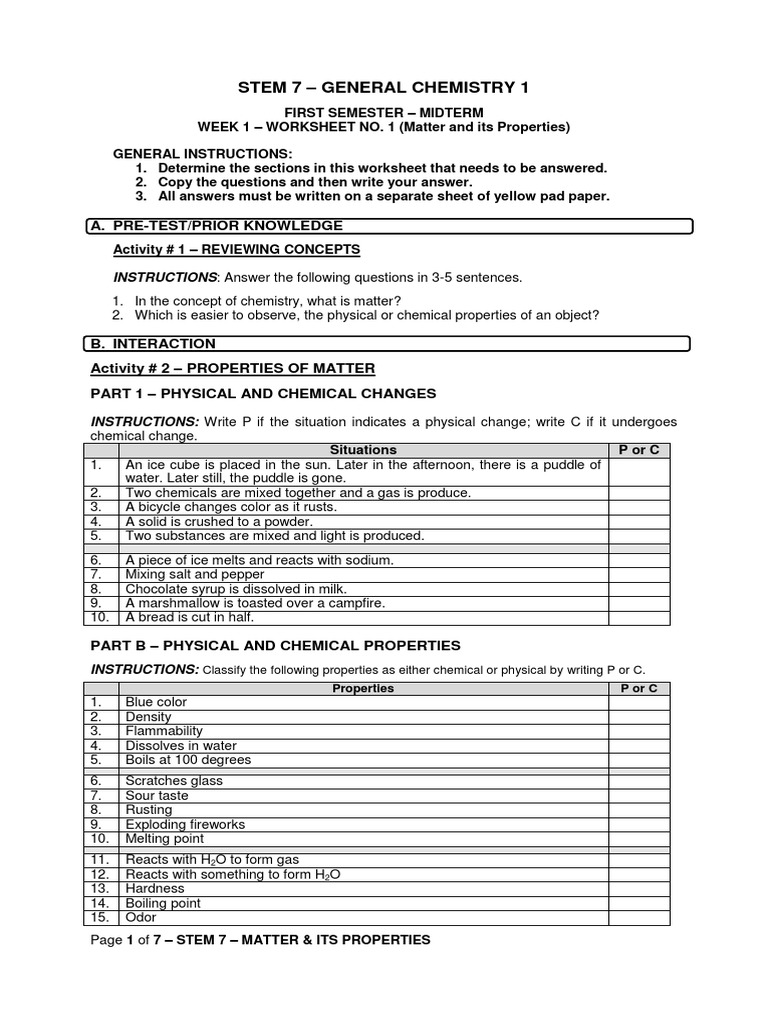 STEM 7 CHEMISTRY Worksheet 1 Week 1 | PDF | Distillation | Chemical ...