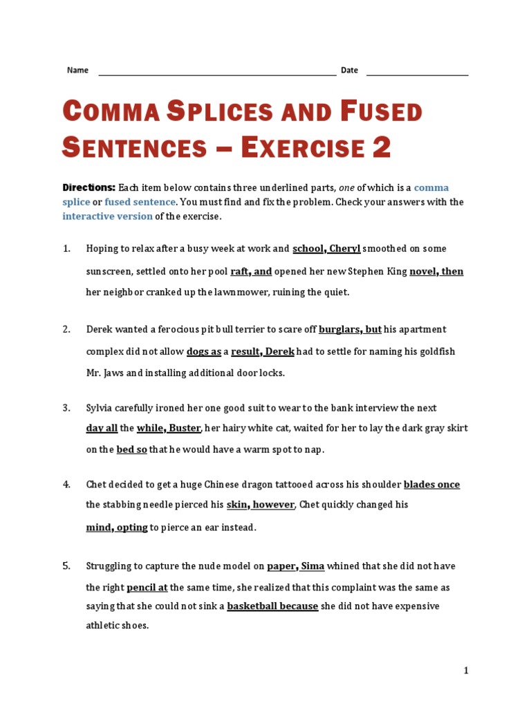 Comma Splice and Fused Sentences WRKSHT 2 | PDF