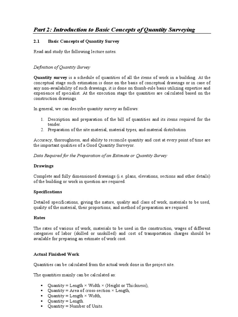 Introduction To Basic Concept of Quantity Surveying | PDF | Surveying ...