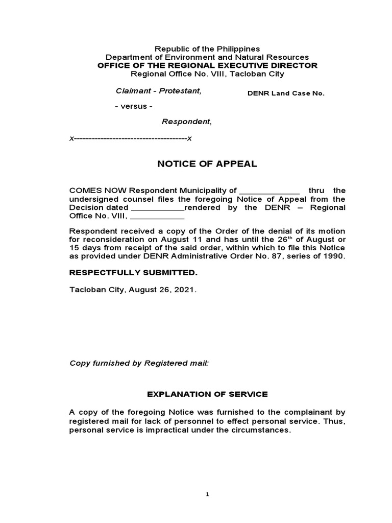 Notice of Appeal to DENR Regional Office | PDF