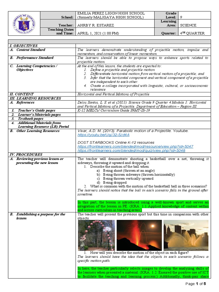 Horizontal and Vertical Motions of A Projectile) | PDF | Learning ...