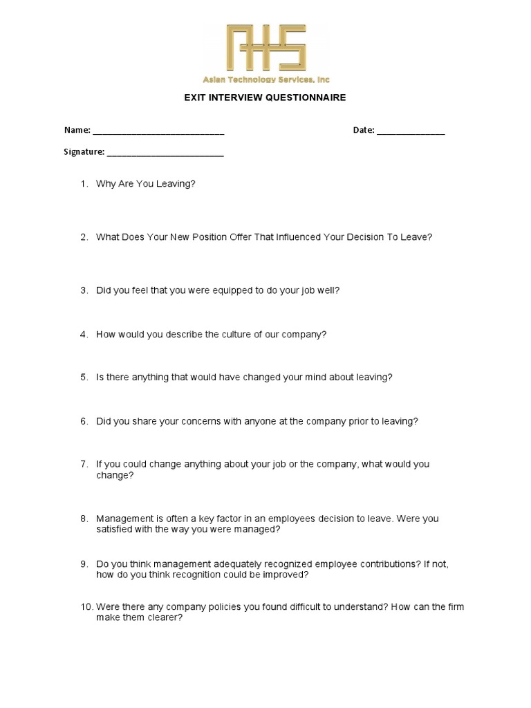Exit Interview Questionnaire Template | PDF | Behavioural Sciences ...