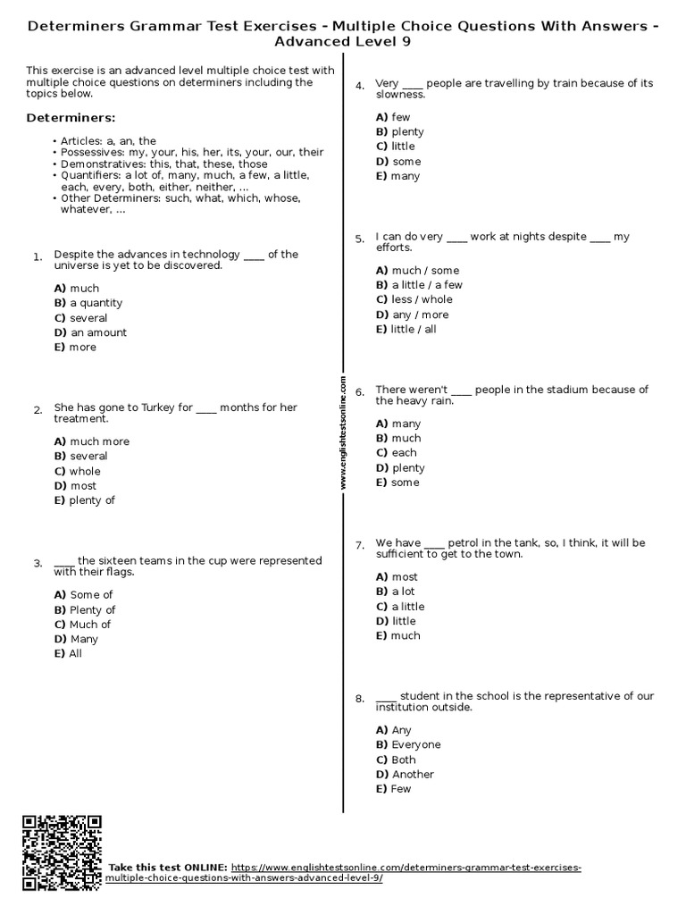 508 Determiners Grammar Test Exercises Multiple Choice Questions With ...