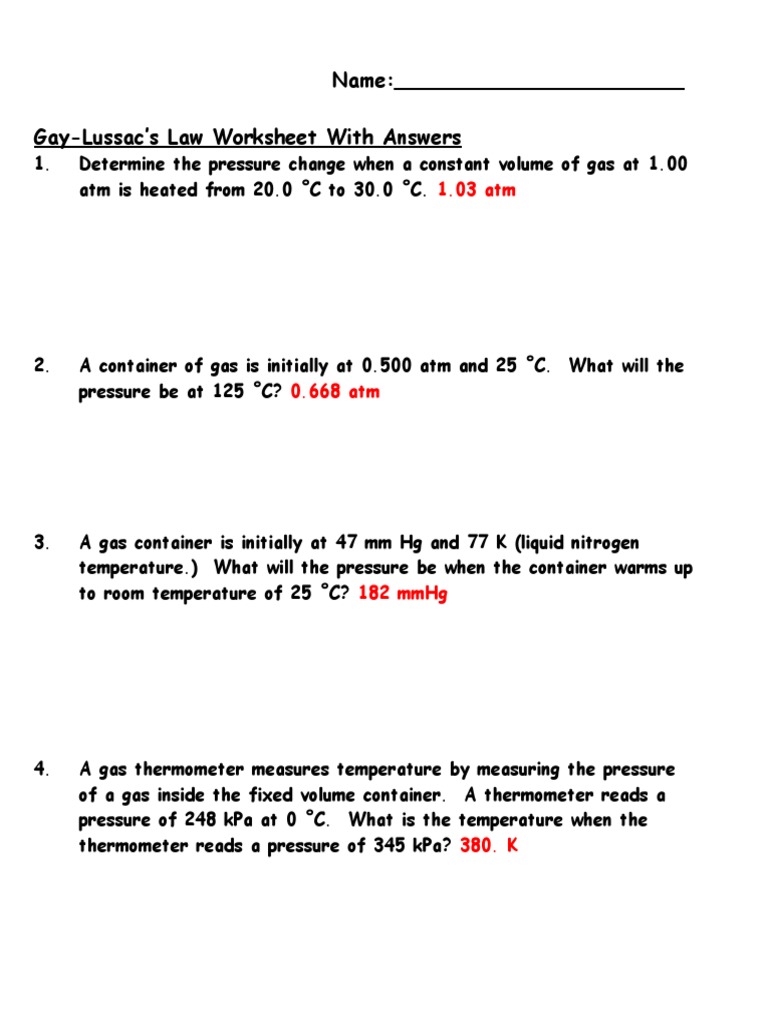 Gay-Lussac's Law Worksheet Answers | PDF