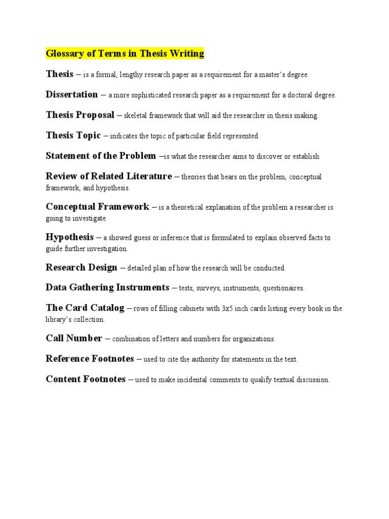Glossary of Terms in Thesis Writing | PDF