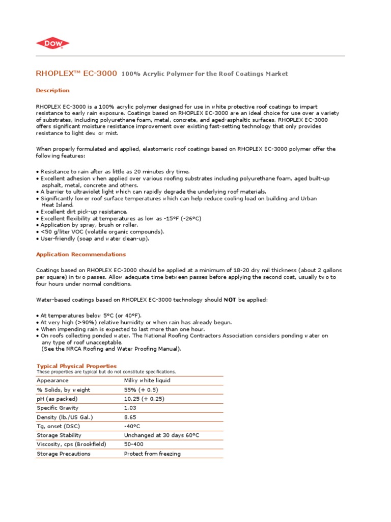 RHOPLEX™ EC-3000: 100% Acrylic Polymer For The Roof Coatings Market ...