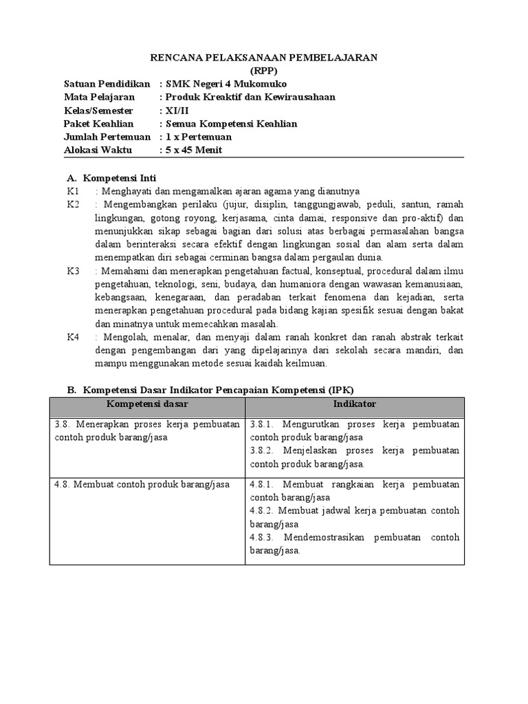 RPP KD 3.8. OTK Produk Kreatif Dan Kewirausahaan (Pree Teaching) | PDF ...