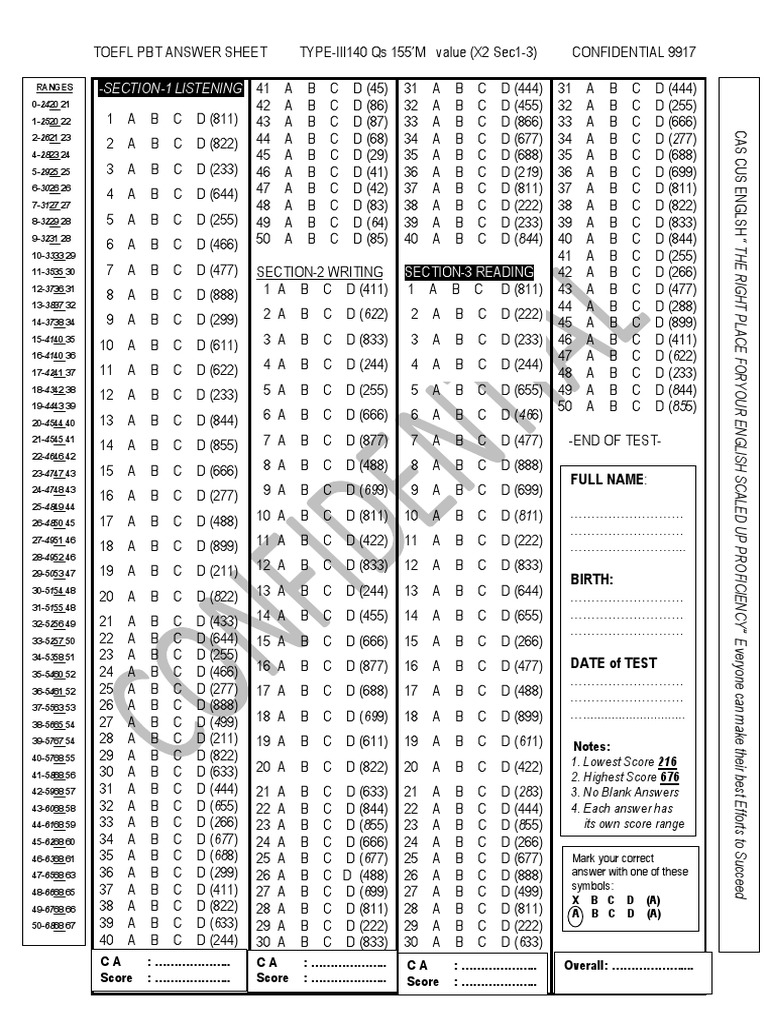 A1 - Answer Sheet Toefl Test (T-Iii) | PDF | Test Of English As A ...