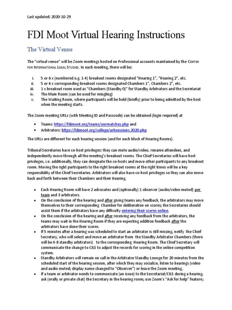FDI Moot Virtual Hearing Instructions | PDF | Arbitral Tribunal